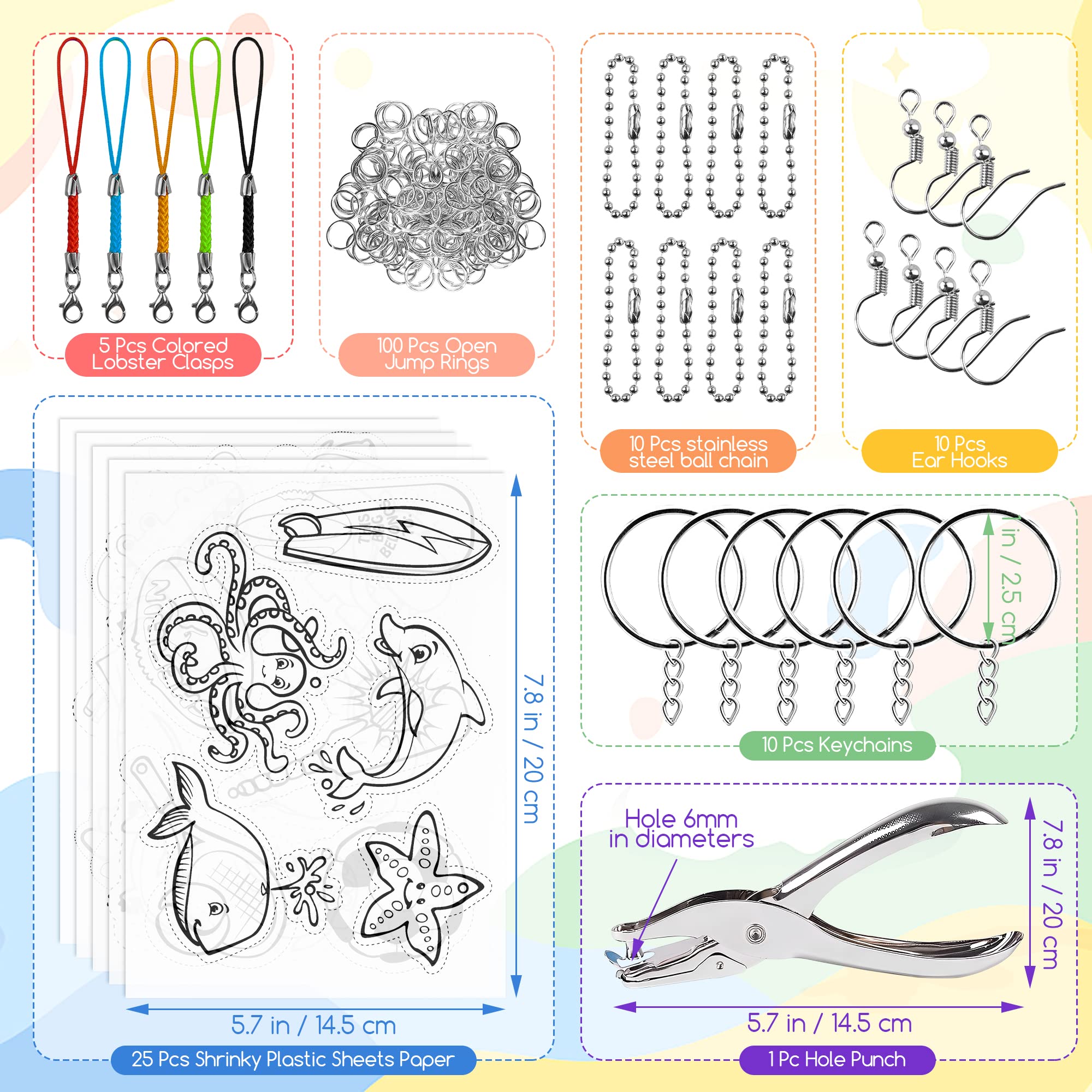 PETDCHEB Shrink Paper Kit, 160 Pieces Art Craft Kit Including 25 Patterned Shrink Plastic Sheets, Keychain and Jewelry Accessories for Kids Creative Craft Making