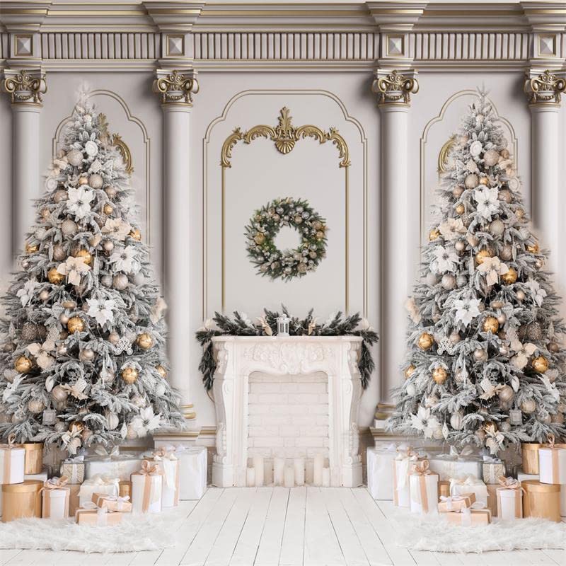 Kate 10×10ft (3×3m) Christmas Tree Photo Backdrop Xmas Palace Classic Indoor White Fireplace Gifts Decoration Photography Background for Christmas New Year Photographer Studio Props
