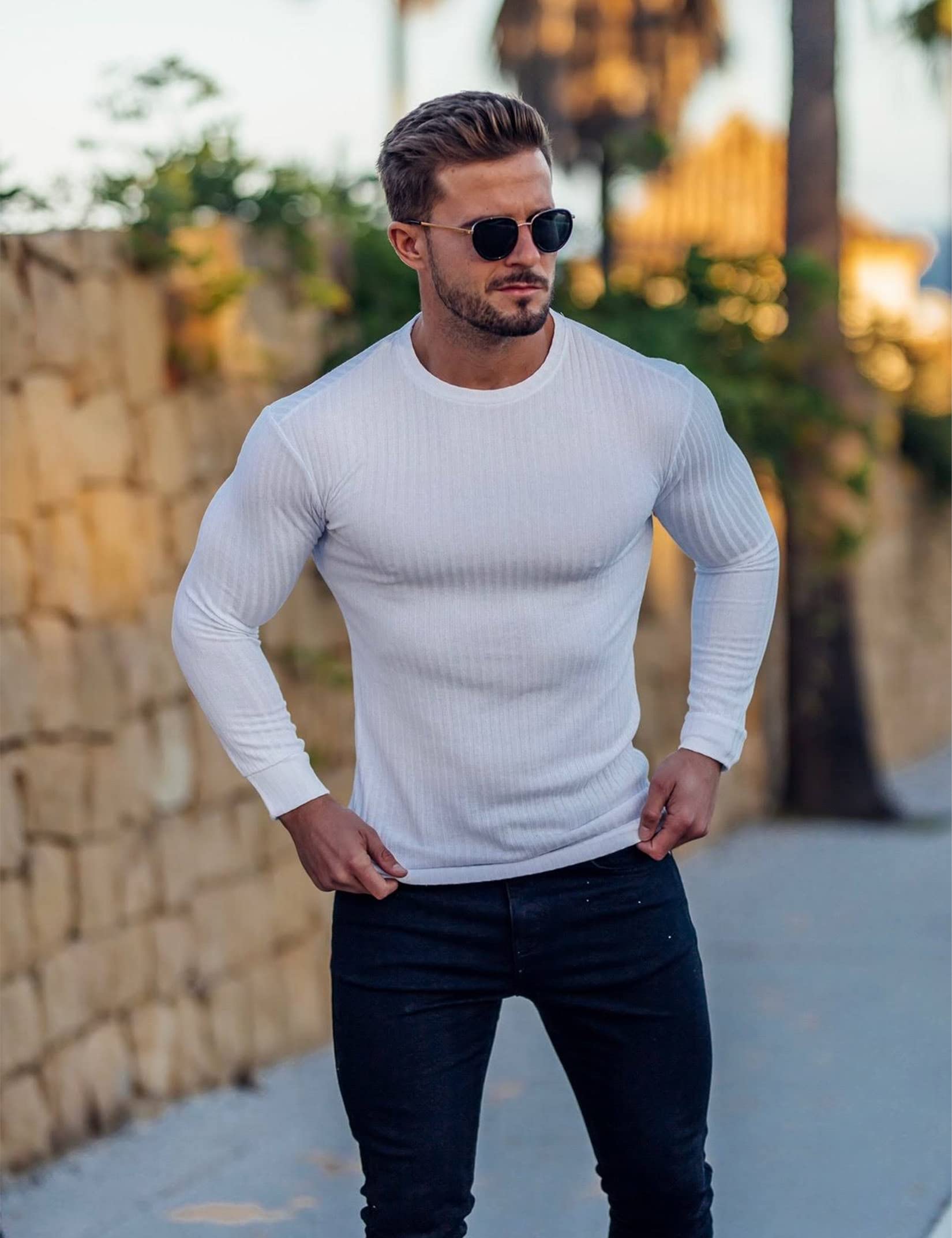 Muscle T Shirts for Men 2 Pack Stretch Long Sleeve Slim Fit Casual Gym Workout Athletic Knit Tee Shirts Black & White XL