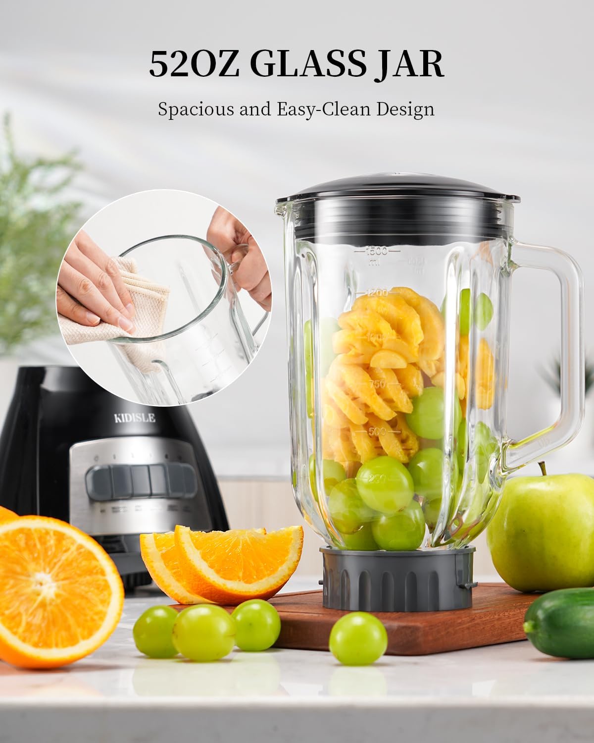 KIDISLE Classic Blenders for Kitchen, 52oz Glass Jar, 700W Blender for Shakes and Smoothies, 9 Functions with 5 Speeds for Crushing Ice, Puree, and Frozen Fruit, Black