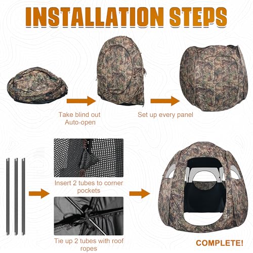 HUNT MONSTER Hunting Blind 1-3 Person,300 Degree See Through Pop up Ground Blinds for Deer Turkey Duck Hunting, Bow Hunting Accessories, Double Side Zipper Window (Camo-Light Brown)