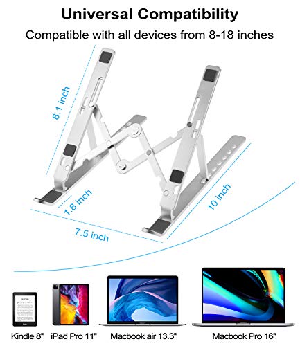 Laptop Stand for Desk, Ergonomic Aluminum Laptop Riser 7 Adjustable Height Foldable Portable Notebook Computer Stand for 8-18" Laptop Tablets Compatible with MacBook Air Pro, HP Sliver