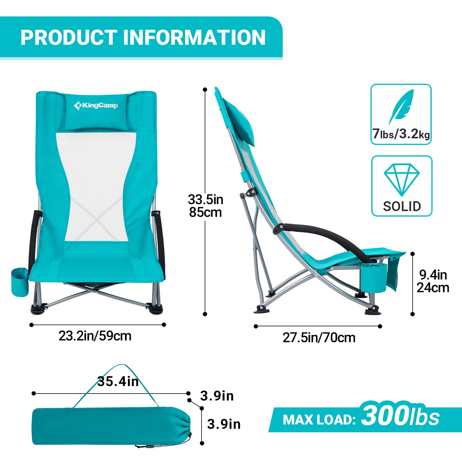 KingCamp High Back Low Seat Folding Beach Chair, Lightweight Backpack Beach Chairs for Adults with Padded Armrest & Cup Holder, Mesh Back Sand Chairs for Beach,Camping,BBQ,Outdoor Travel, Easy Carry
