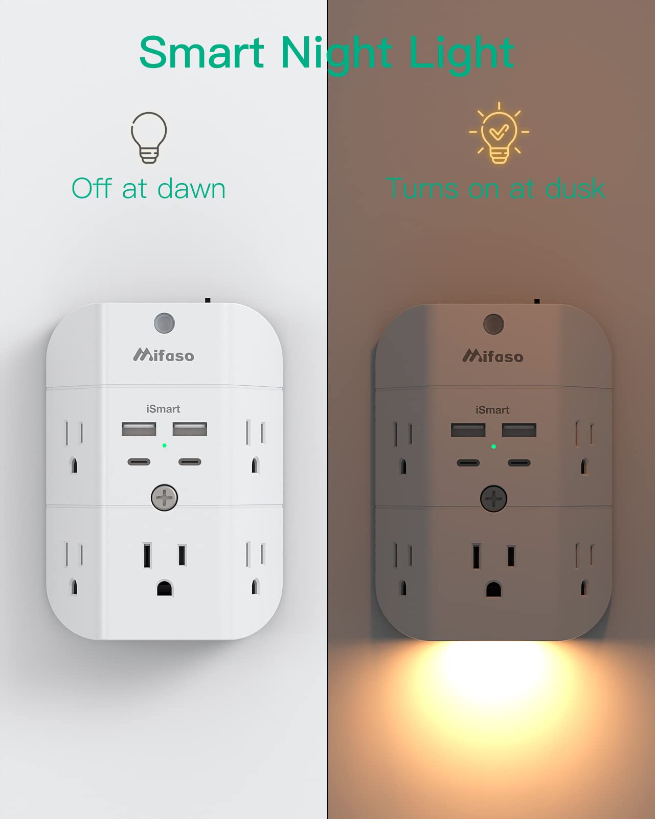 Outlet Extender with Night Light, 5-Outlet Surge Protector with 3 USB Charging Ports, 1800J Power Strip Multi Plug Outlets Wall Adapter Expander with Spaced Outlets for Home, School, Office