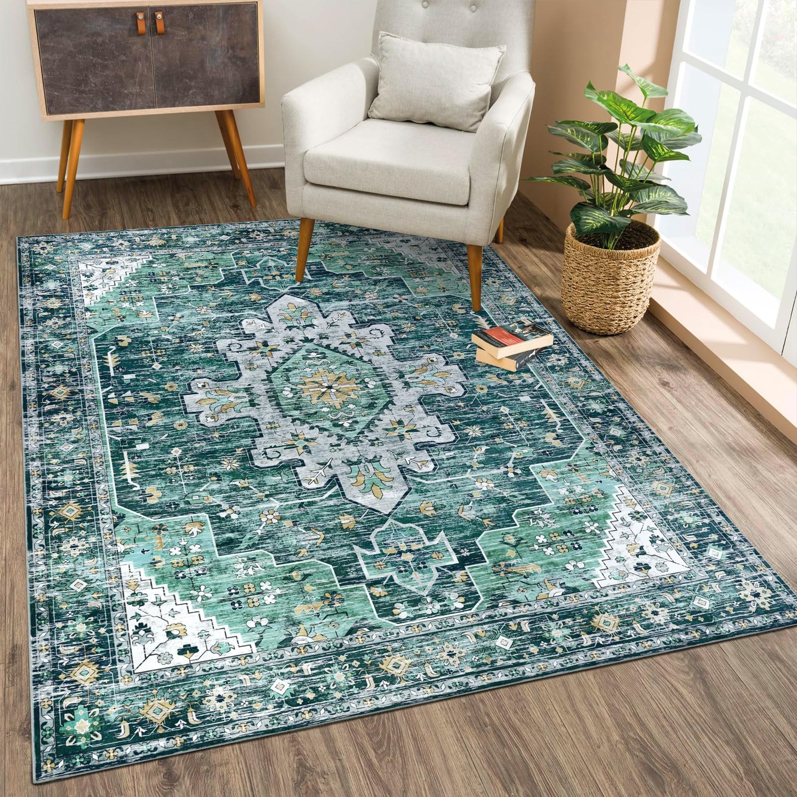 SHACOS 3x5 ft Boho Area Rug for Entryway Washable Entry Rug Indoor Doormat Oriental Vintage Design Non Slip Ultra Thin Throw Rugs for Entrance Living Room Bedroom Kitchen, Teal Blue 3'x5'