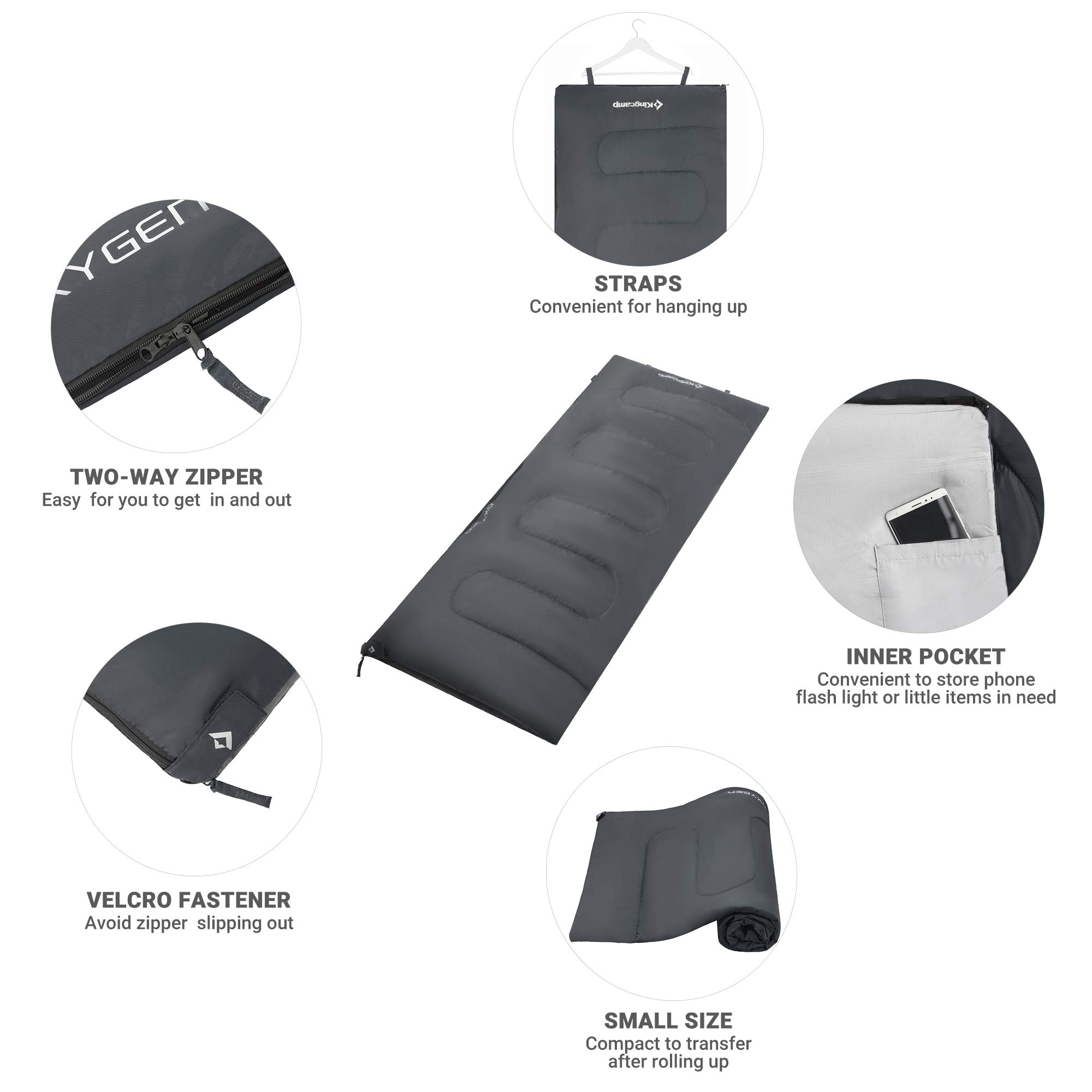 KingCamp Lightweight Envelope Sleeping Bag 55℉ Portable Waterproof Comfort for Cool Warm Hot Weather Compact Backpacking Camping Hiking Travel 70.8"x29.5"