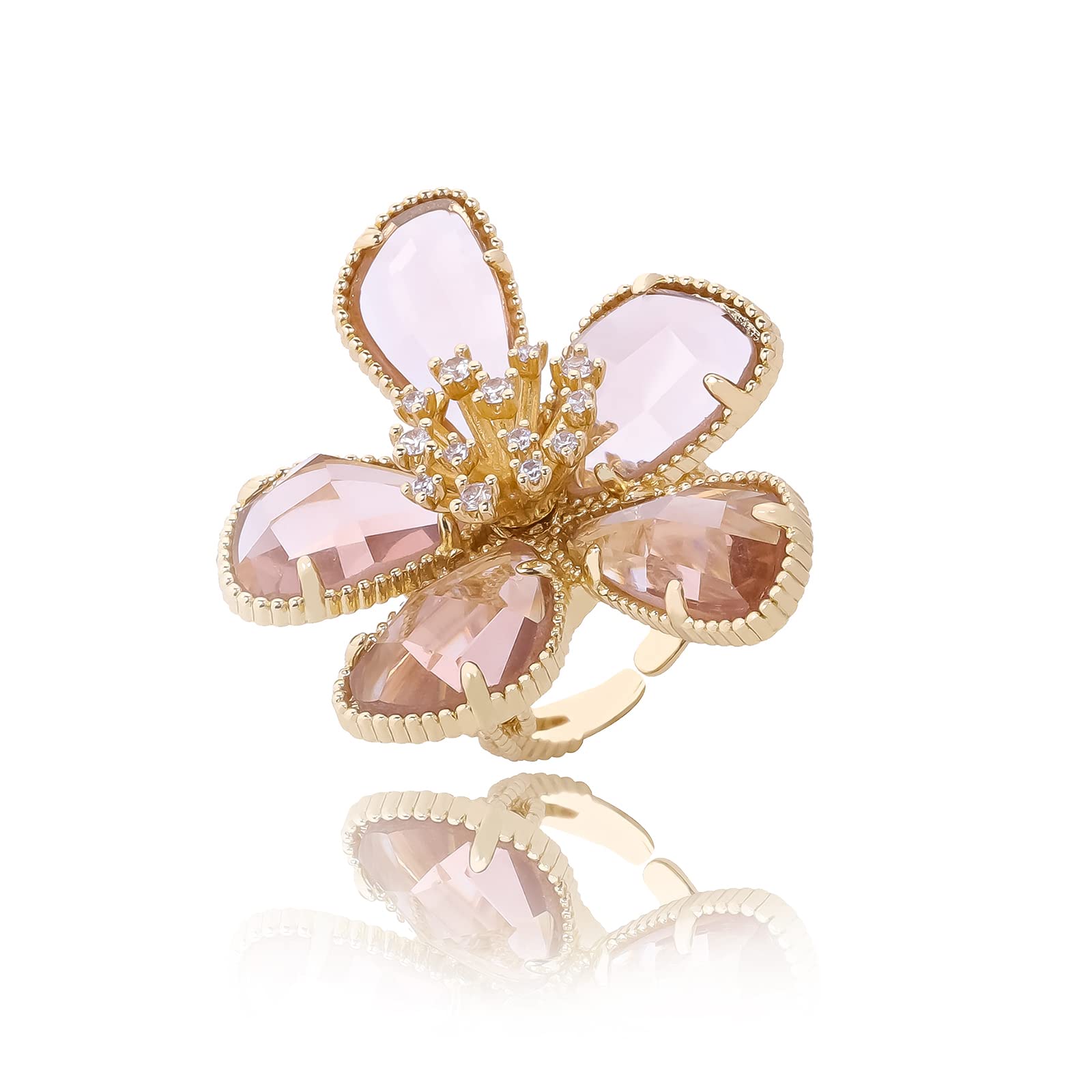 MACENT Flower Crystal Rings for Women,Crystal Petal Ring,Size Adjustable Ring Gift for Women Girl(Pink)