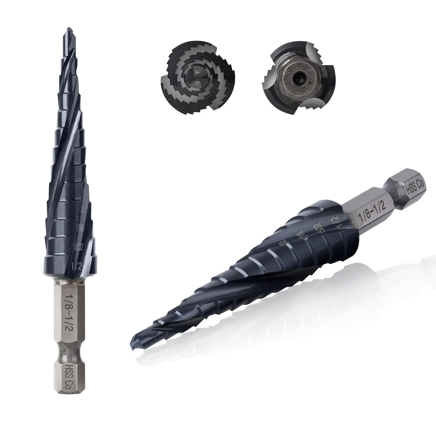 PASYRTM Double Fluted Step Drill Bit,Three Spiral Flute Step Bit (1/8"-1/2") High Speed Steel Drill bits for Hole Drilling in Stainless Steel, Copper, Aluminum, Wood, Plastic