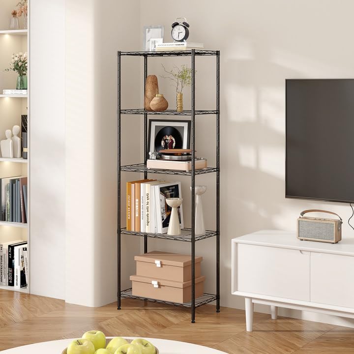 JEROAL 5 Tier Wire Shelving Unit Adjustable Height Storage Shelf Display Rack with 4 S-Shaped Hooks Standing H eavy Duty Metal Shelving for Laundry Bathroom Kitchen (Black)