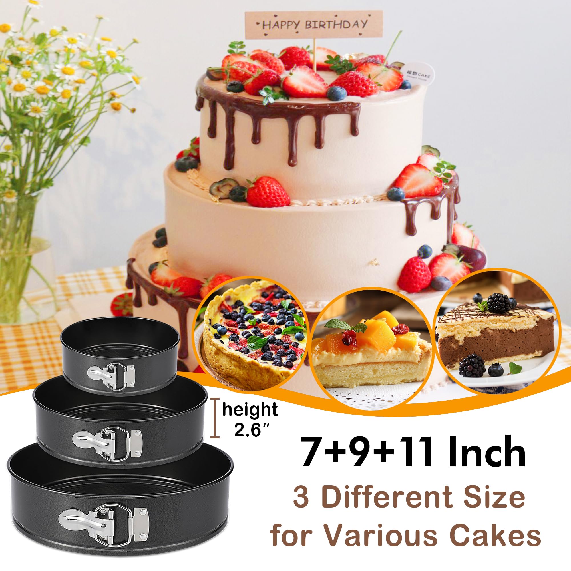 Molgree Springform Pans, 3pcs (7" 9" 11") Nonstick Leakproof Cheesecake Pan Springform Pan Set with Removable Bottom, Spring Form Pans Round Cake Pans Sets for Baking with 60 Parchment Paper