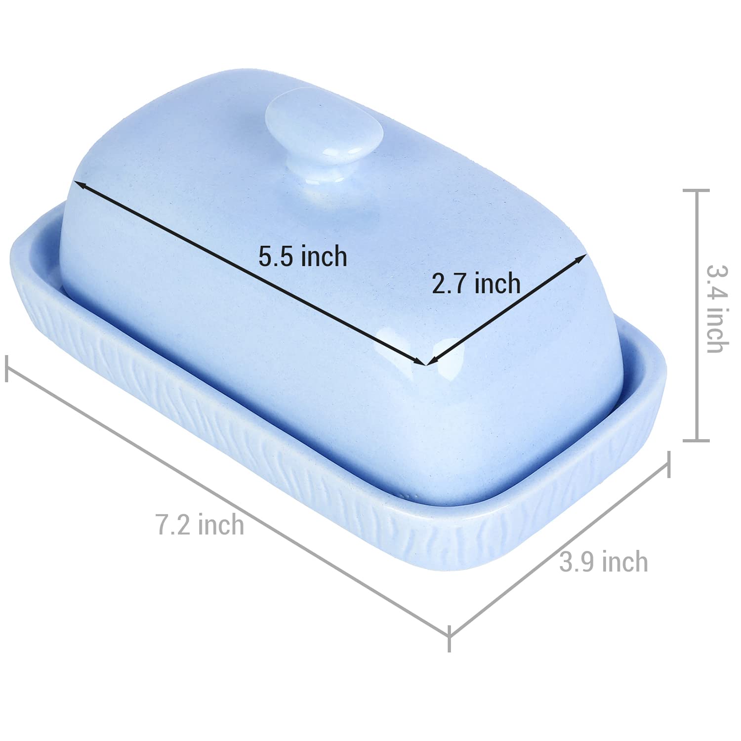 MyGift Sky Blue Ceramic Butter Dish with Lid, Butter Keeper Holder with Raised Sides and Etched Design, Rectangular East Coast Butter Stick Margarine Tray with Cover