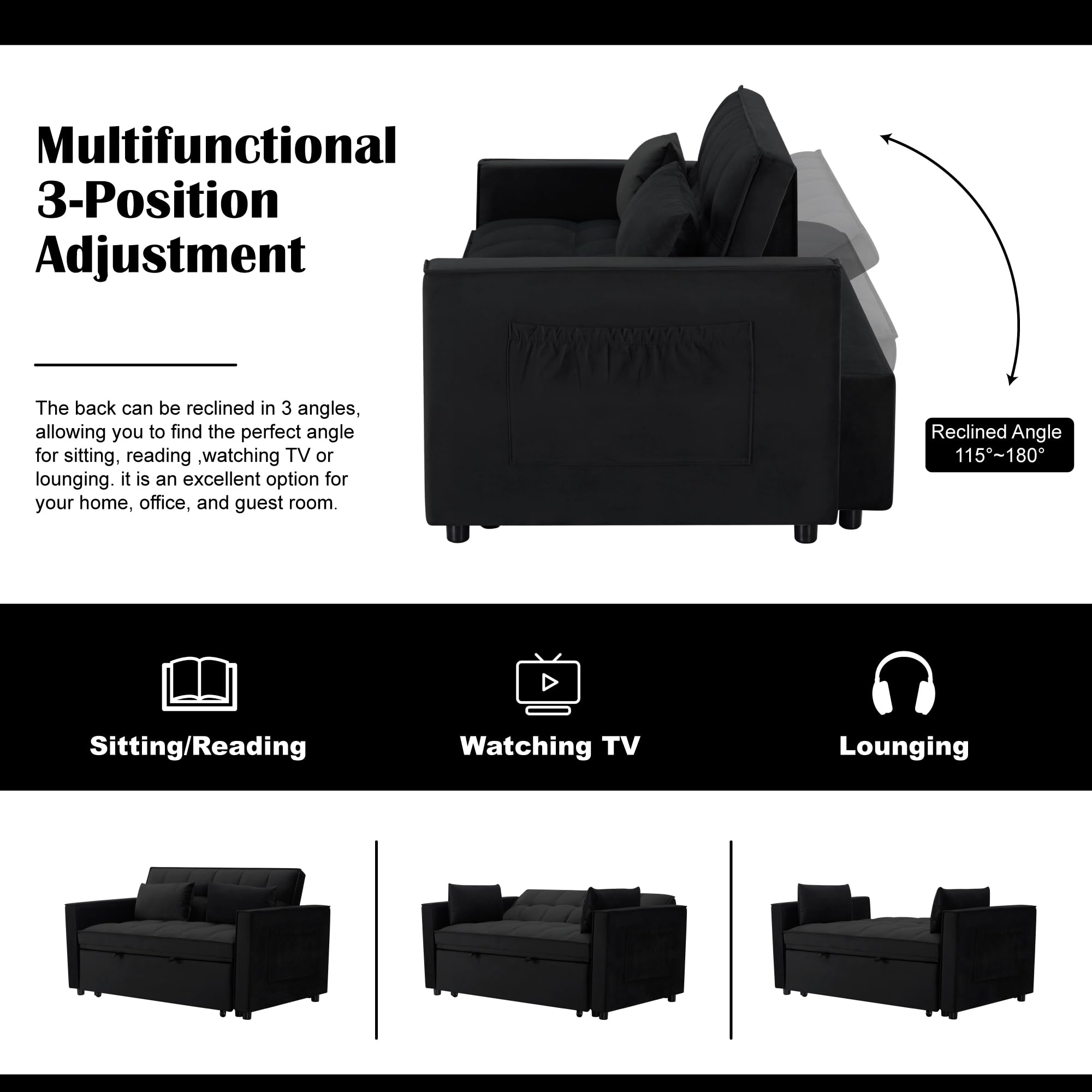 UOCFYK 55" 3-in-1 Sleeper Sofa Loveseat Convertible with 2 Pillows,Velvet Fabric with Side Pocket and Reclining Backrest,Sofa Bed Pull-Out Sleeper Sofa Bed,Upholstered Loveseat for Living Room,Black