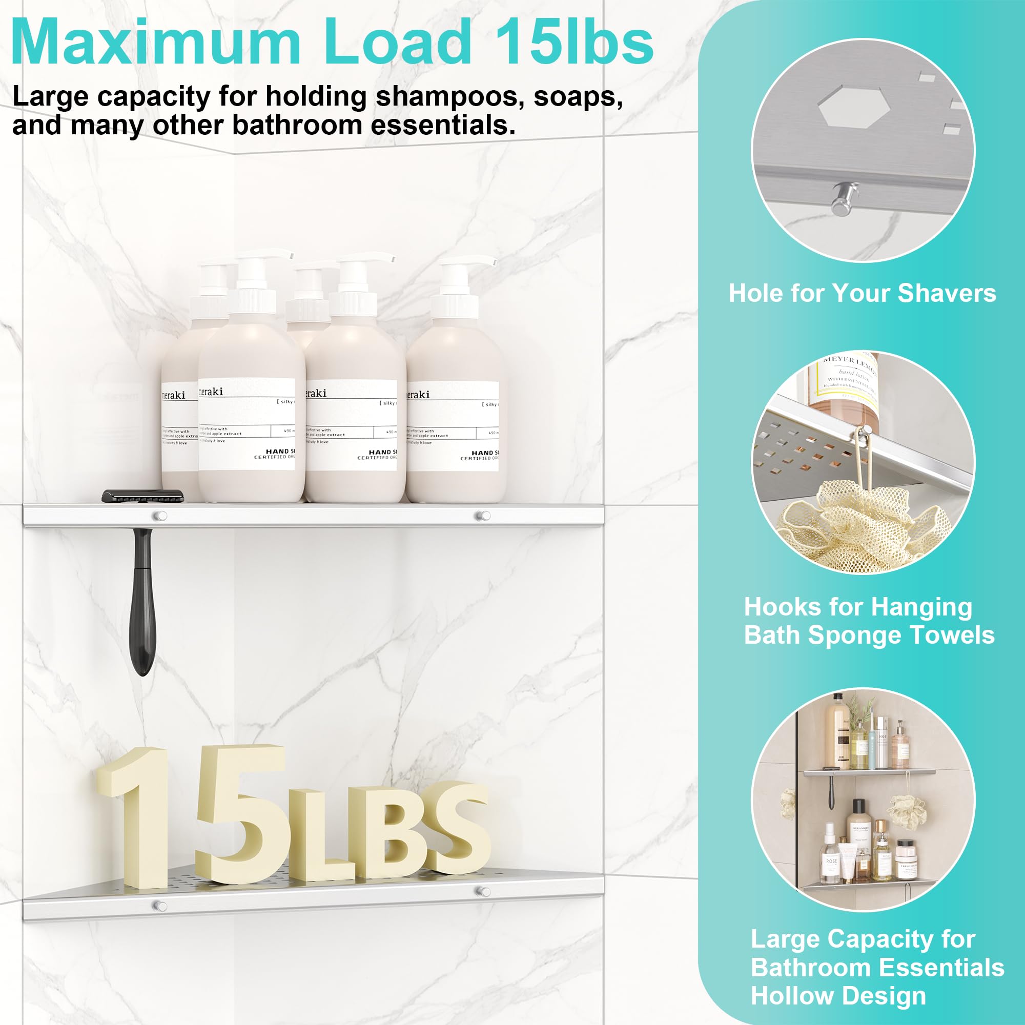 Qeke 10" Bathroom Corner Shelf, 2 Pack Recessed Shower Shelf Caddy, SUS304 Stainless Steel Shelf Wall Mount Triangular, No Drilling Brushed Nickel