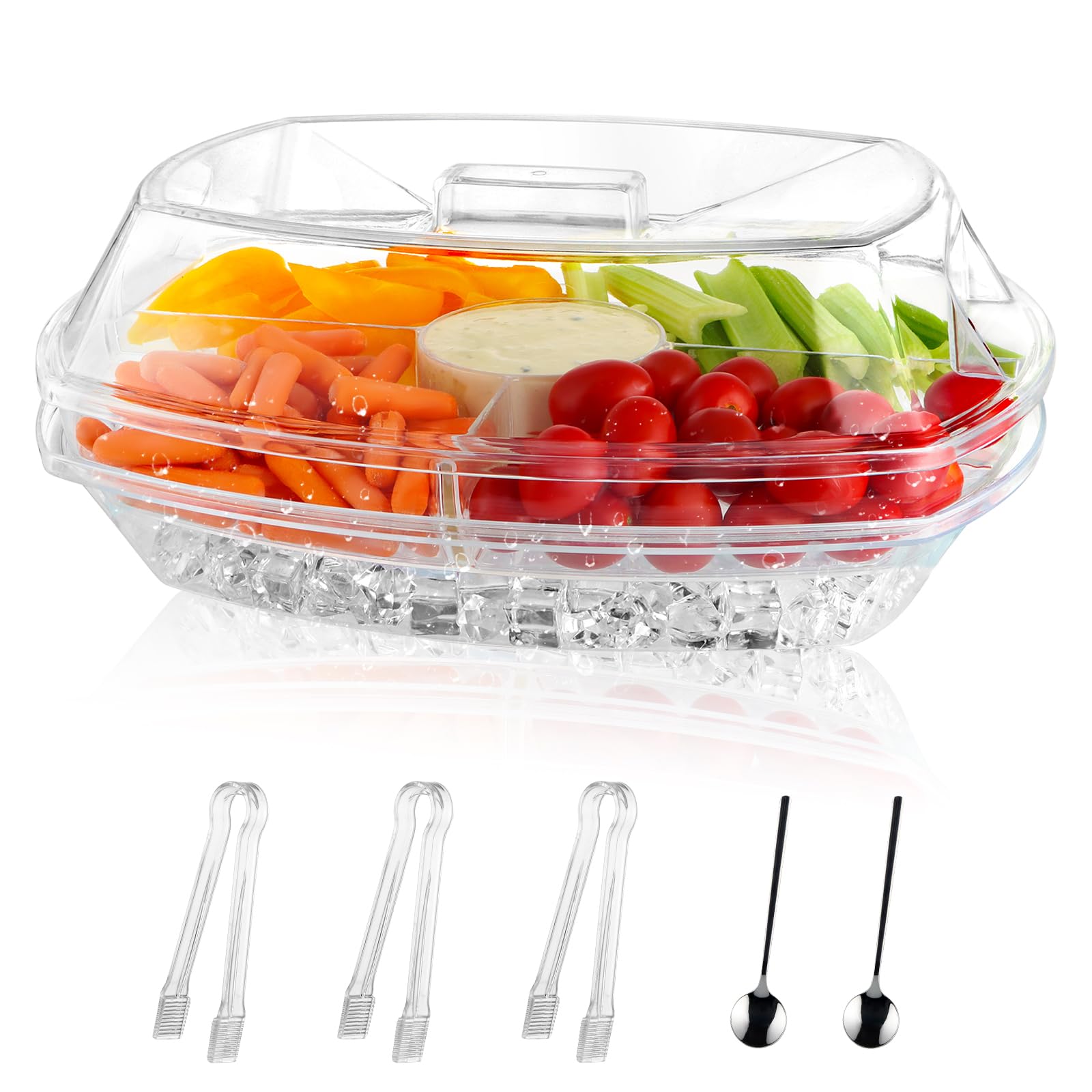 MOLIGOU Chilled Serving Tray, Ice Party Platter with Lid, 4 Compartments Appetizer Serving Tray on Ice
