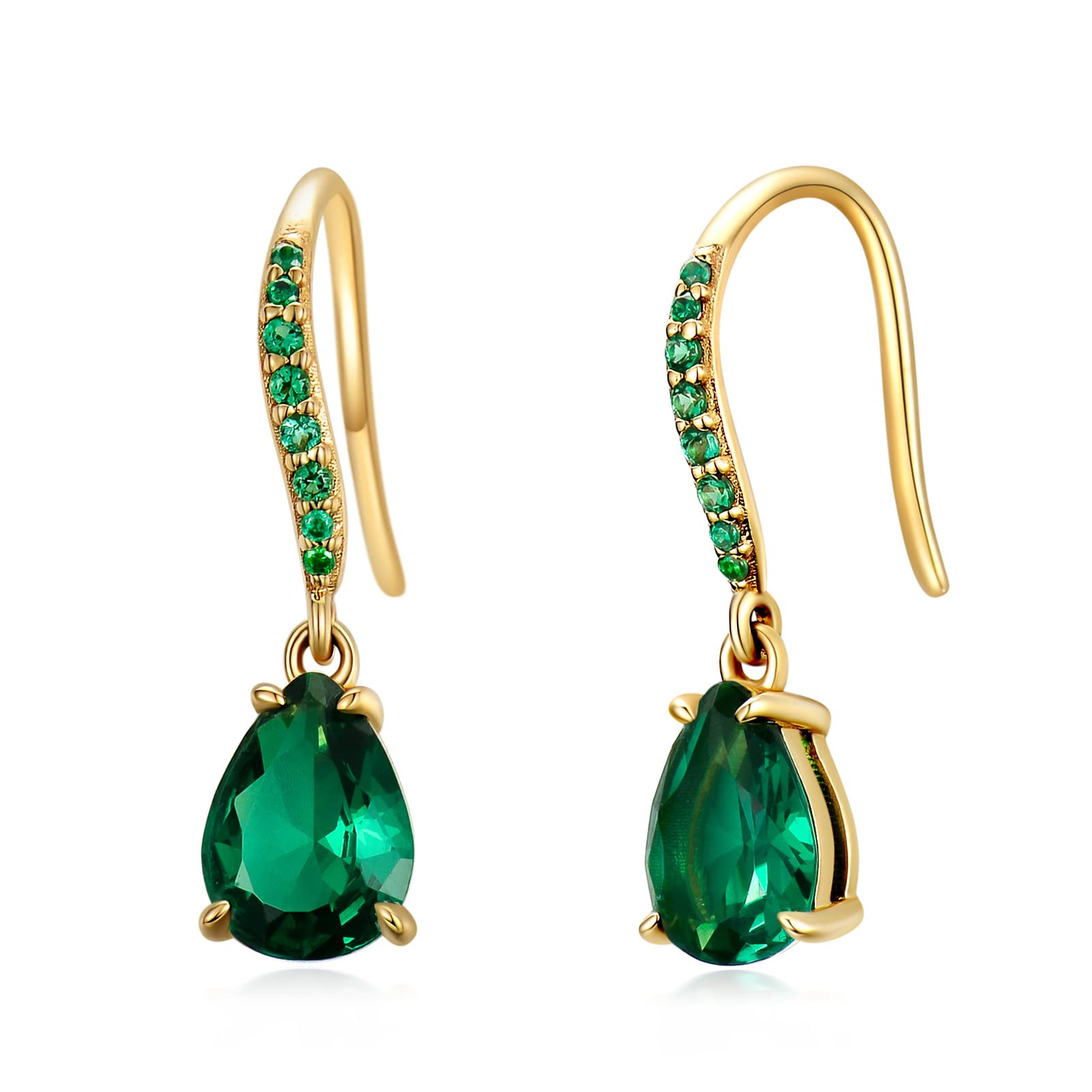 MUUYON Solid 14K Emerald Earrings for Women, Real Gold Dangle Drop Created Emerald Earrings May Birthstone Jewelry Gift for Women Ladies Her Mom (Pear Shape 5X7MM)
