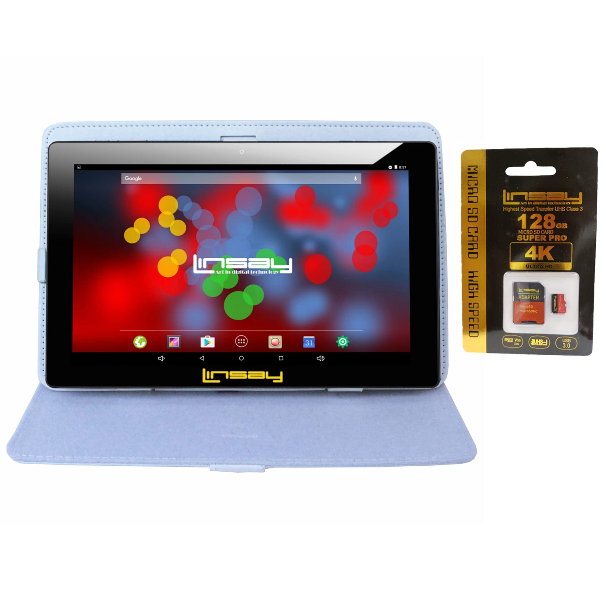 LINSAY 10.1" 1280x800 IPS 64GB Android 13 Tablet with White Leather Case and 128GB Micro SD Card