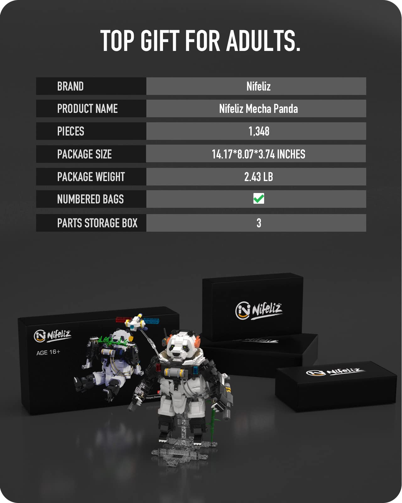 Nifeliz Mecha Panda Building Set, Model Toy with a Display Stand, Collectible Gift for Adults (1,348 Pieces)