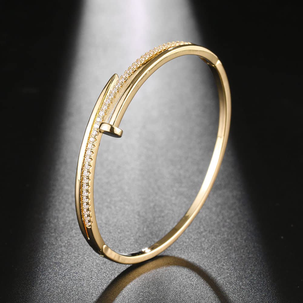MAELLIS Women's Bangle Bracelet with 18K Gold Plated Bangles, Cut Cubic Zirconia Nail Bracelet