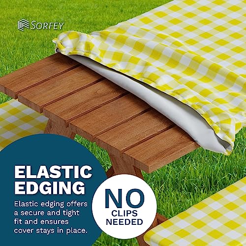 Picnic Table cover With Bench Covers -Fitted With Elastic, Vinyl With Flannel Back, Fits For Table 28"x 72" Rectangle,Water Proof, Checked Black Design, by SORFEY