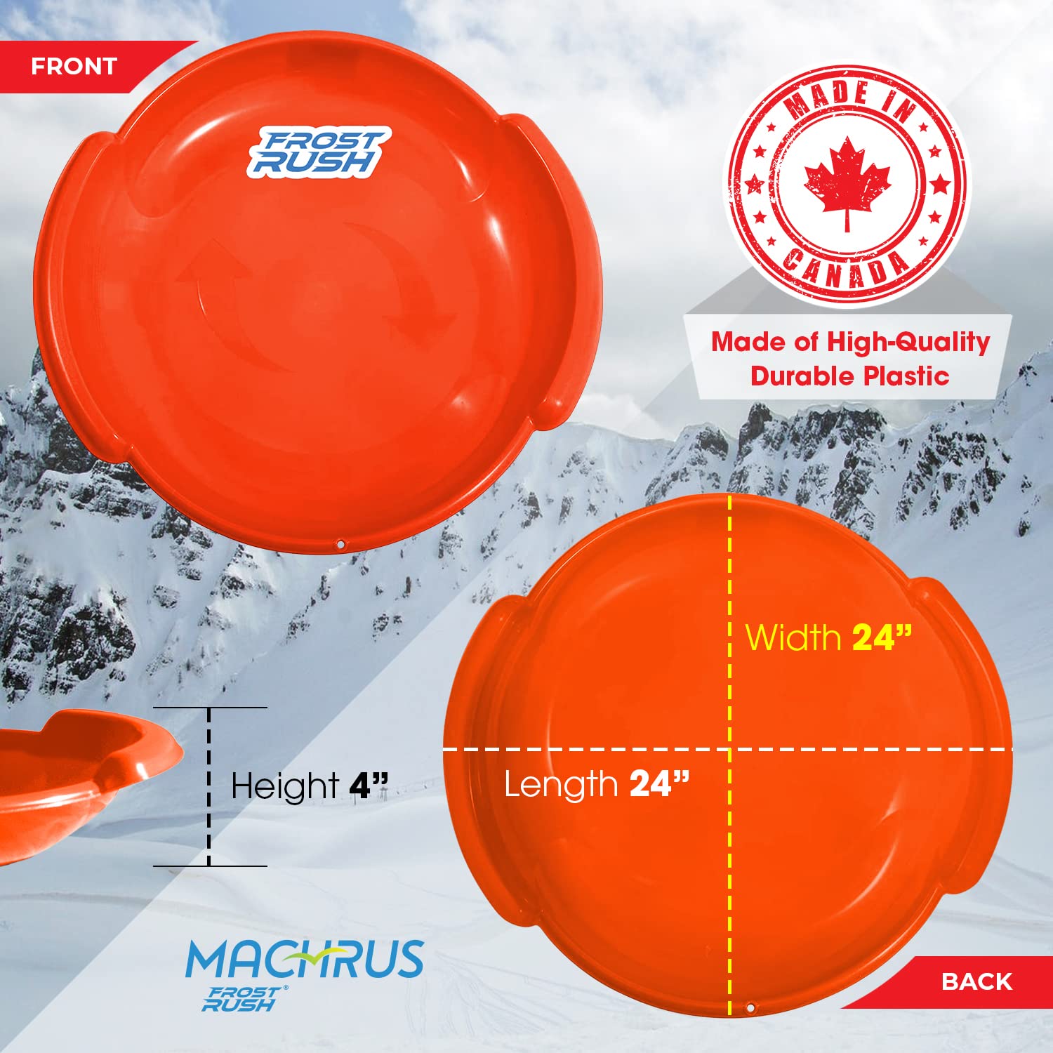 Machrus Round Saucer Sled for Kids and Adults | Frost Rush Winter Snow Sled | Heavy Duty Plastic Round Sled with Grip Handles - Blue