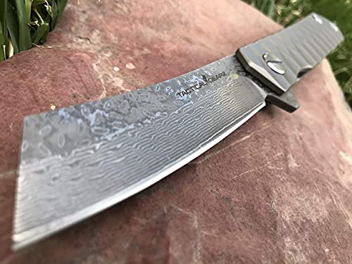 TACTICAL GEARZ Custom Damascus Steel EDC Pocket Folding Knife, Solid Tc4 Titanium Handle! Includes Sheath! For Outdoor Camping, Hiking, Gifts for Men, Birthday Gifts (Silver XS)