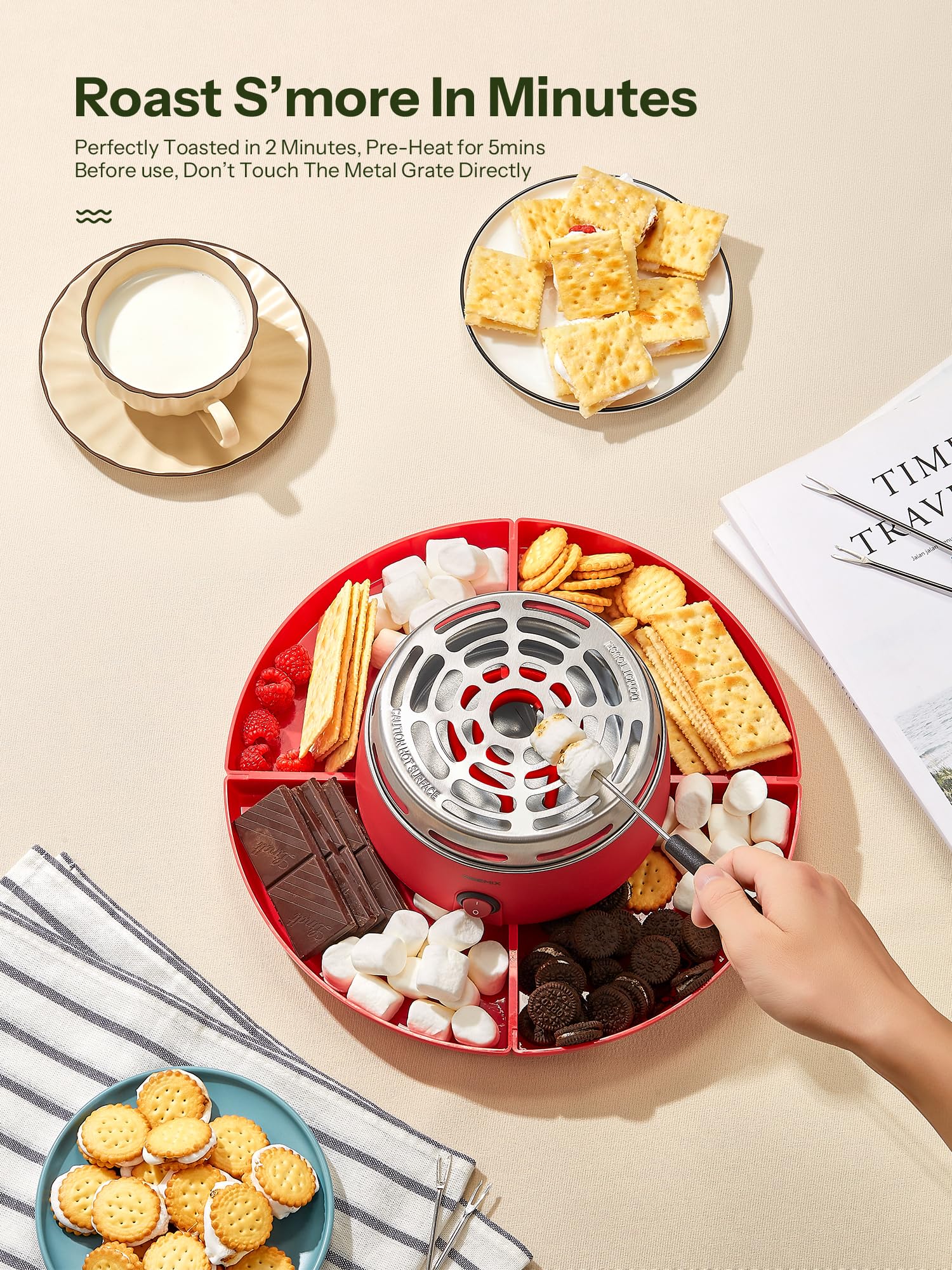S'mores Maker Tabletop Indoor, Reemix Flameless Electric Marshmallow Roaster with 4 Detachable Trays & 6 Roasting Forks, Date Night Fun Kids Family Activity, Red