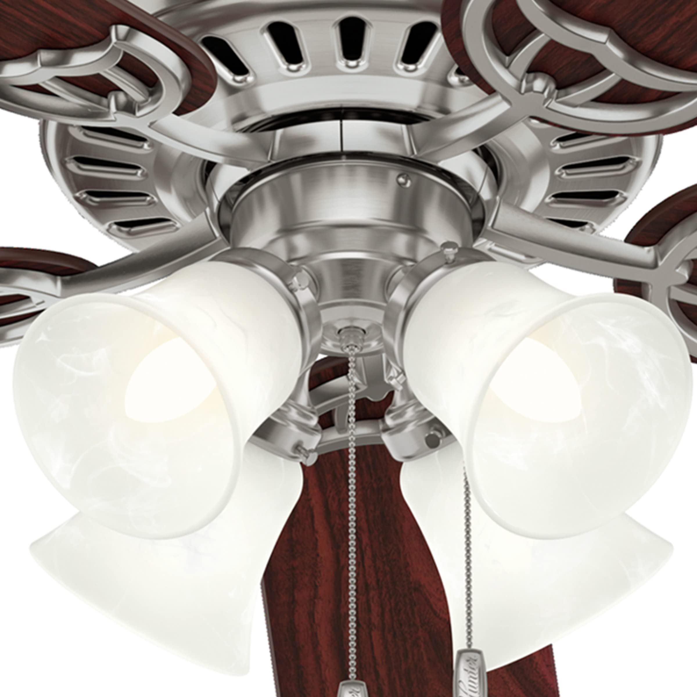 Hunter Fan Company 53063 Studio Series 52 Inch Ceiling Fan with 4 Covered Energy Efficient LED Lights and Pull Chain Control, Antique Brass, 52