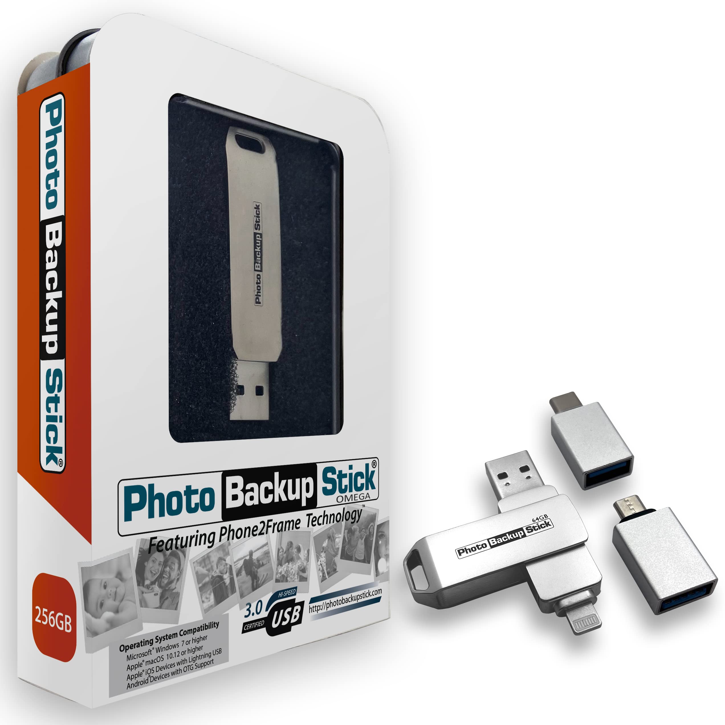 Photo Backup Stick Omega - USB 3.0 Universal Picture Back Up for Phones, Computers, Tablets, & More (256GB, Orange)