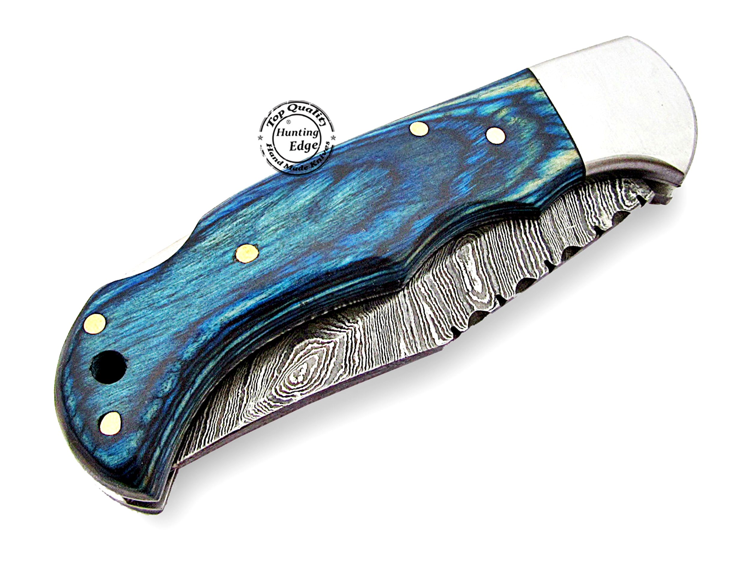 Hunting Edge Blue Wood 6.5'' 100% Handmade Damascus Steel Folding Pocket Knife 100% Prime Quality