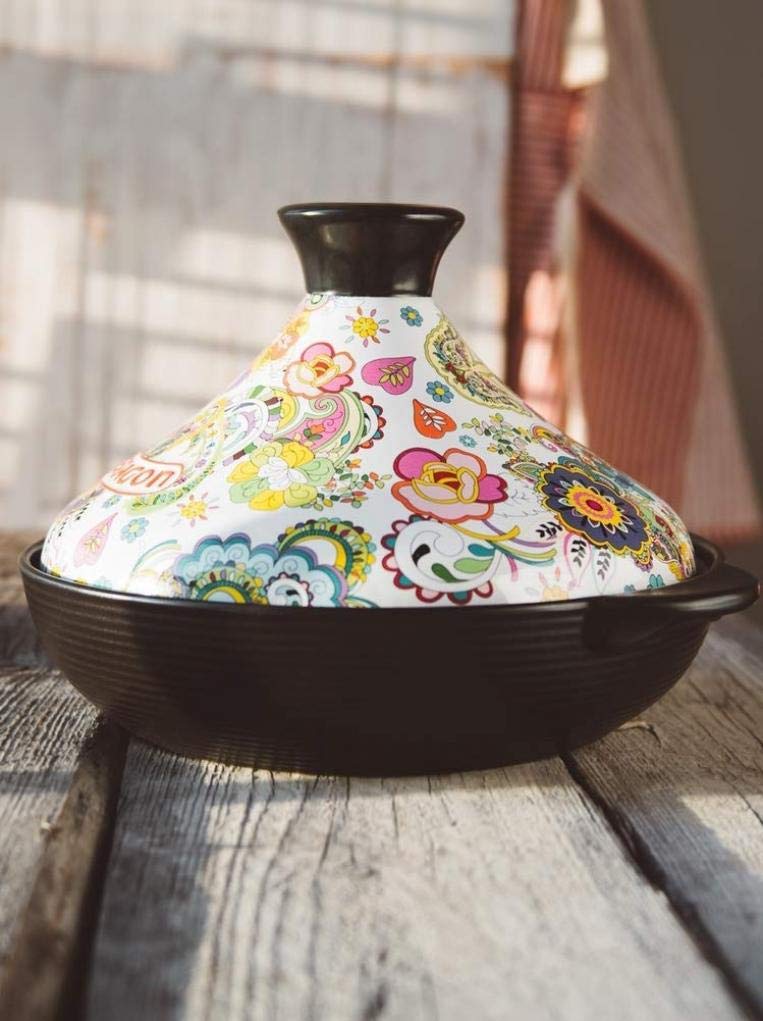 MYYINGBIN Flower Pattern Moroccan Tagine Pot Enameled Cast Iron Casserole Non Stick Saucepan Exotic Stew Pot with Lid, A, 2L
