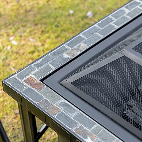 Outsunny 30" Outdoor Fire Pits, Square Steel Wood Burning Fire Pits with Spark Screen, Cooking Grill and Log Poker, Camping Fire Pit for Backyard, Patio