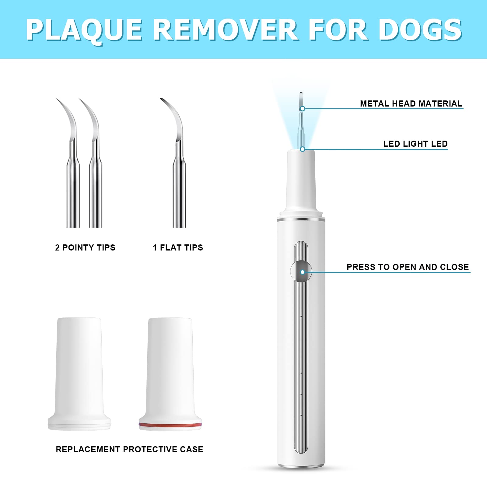 prabensei Pet Teeth Cleaning Kit with LED Light, 3 Replaceable Heads and Mouth Mirror, 3 Modes Dental Care Dog Teeth Cleaner, Home Whitening Tool