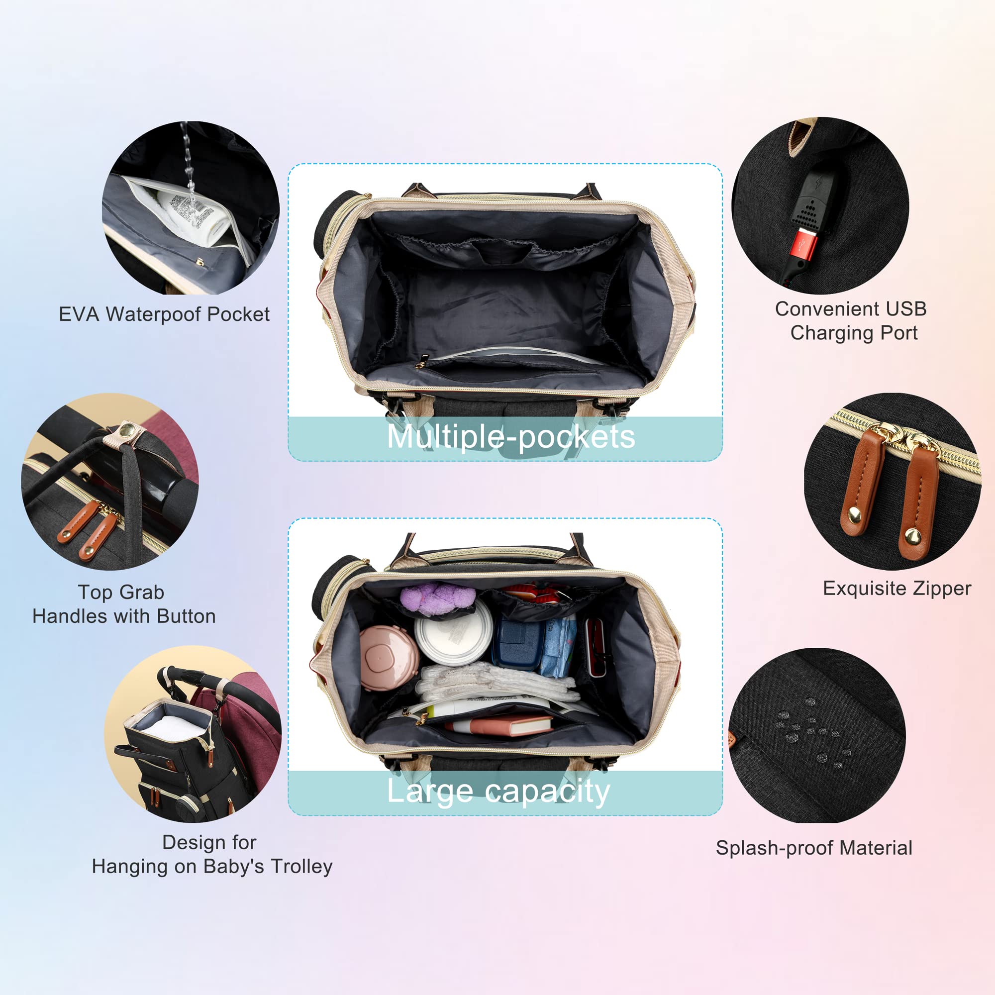 SALIFA Diaper Bag Backpack with Changing Station, 3 in 1 Baby Diaper Backpack with Foldable Changing Pad, Large Waterproof Travel Back Pack for Moms Dads, Black