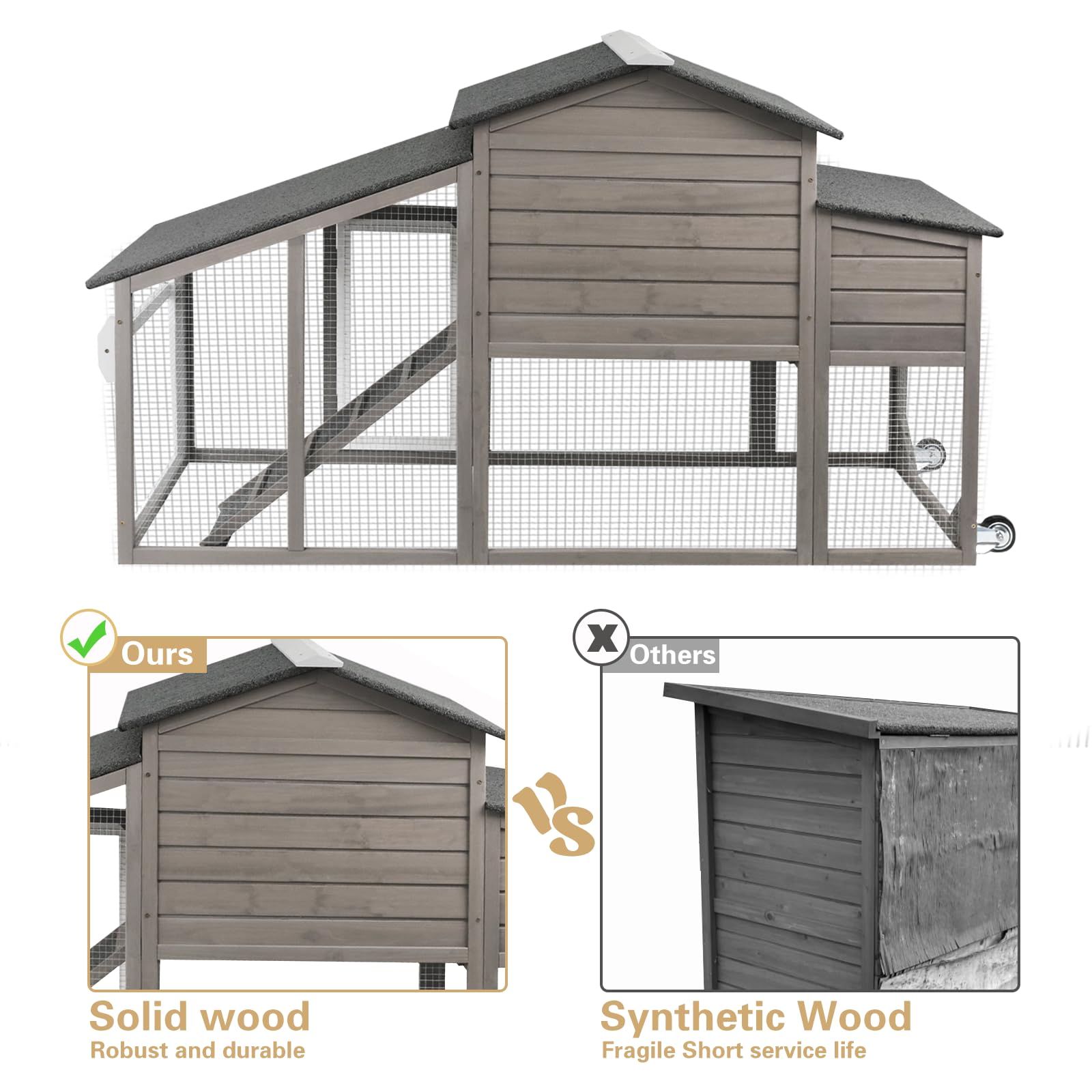 PetsCosset Chicken Coop Wooden Backyard Hen House - Indoor Outdoor for 2-3 Chickens, 2 Story Poultry Cage with Run, Chicken Nesting Box, Pull Out Trays and Anti-Slip Asphalt Ramp