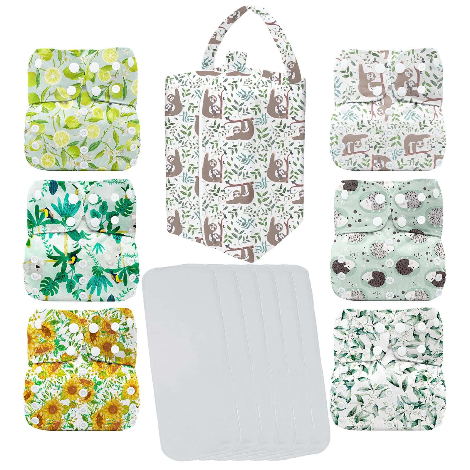 Mumsbest Cloth Diaper for Baby Girls and Boys with Tummy Panel, 6 Pack Reusable Adjustable Washable AWJ Lining Pocket Nappy with 6 Inserts & 1 Wet Bag(Unisex)