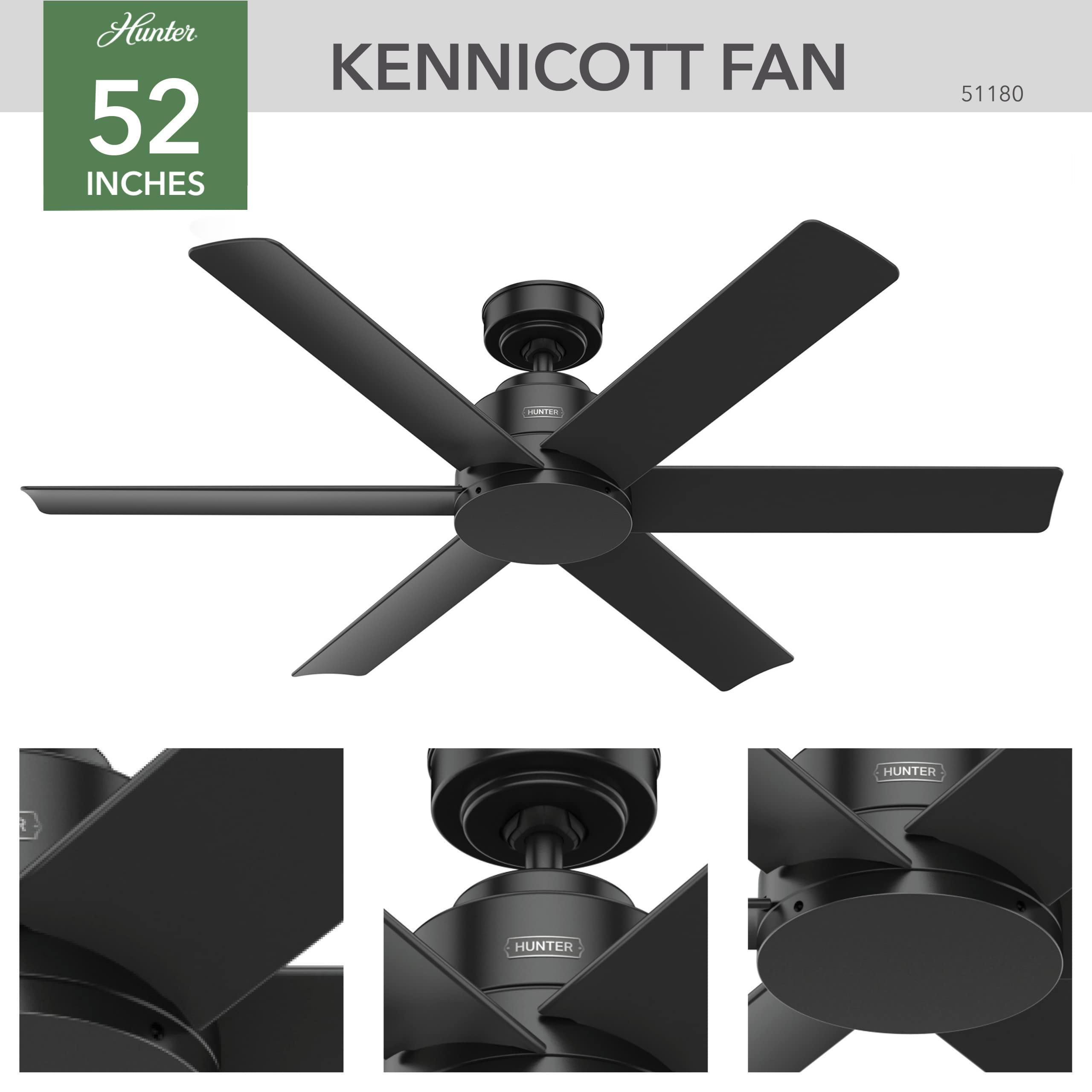 Hunter Fan Company Kennicott Outdoor Ceiling Fan, Plastic/Metal, Matte Black, 52 Inch