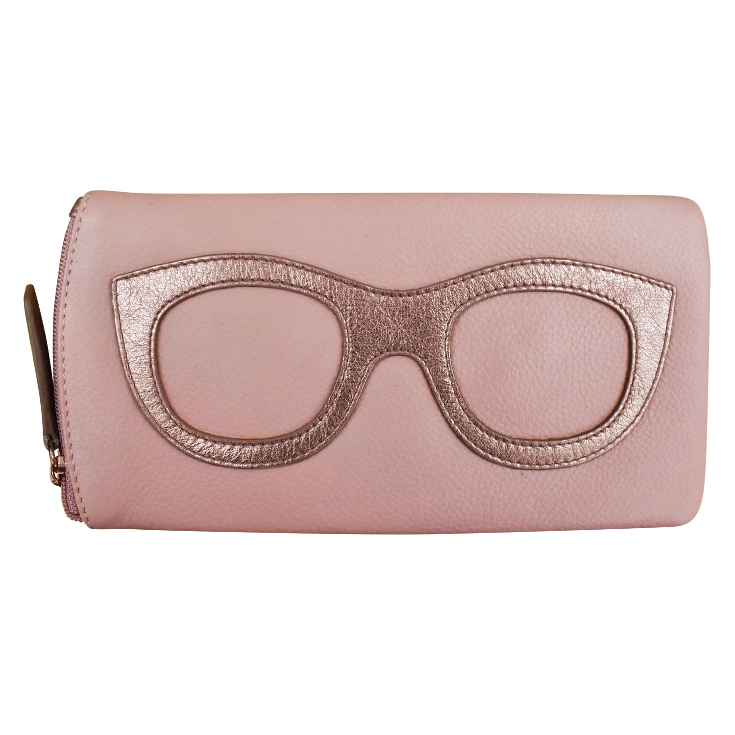 ili New York - Leather Eyeglass Case -Zippered Enclosure Eyeglass Case w/Frame Silhouette Embellishment (Blush/Rose)