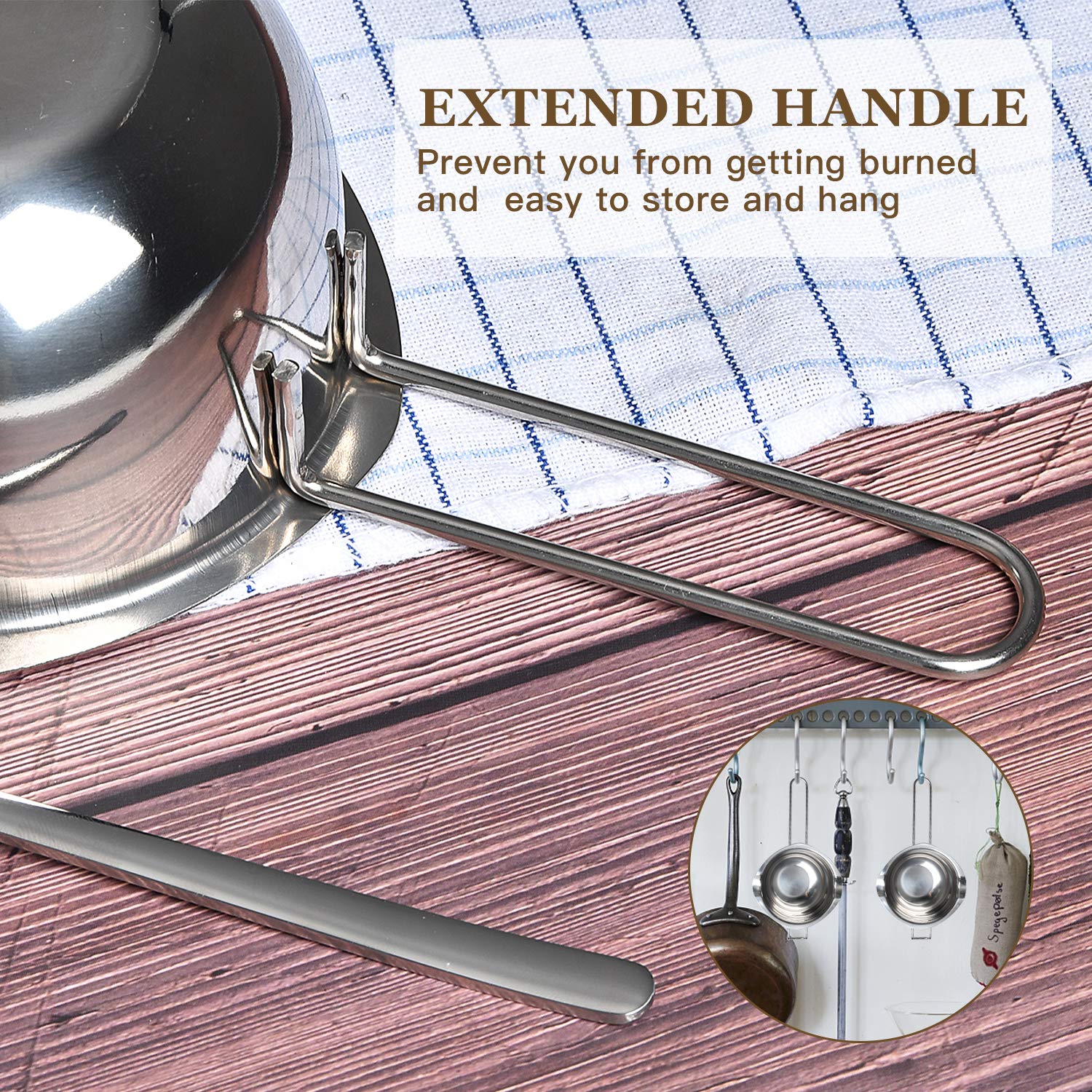 Milkary 2 Pieces Stainless Steel Double Boiler Pot with 2 Metal Spoon, Chocolate Melting Pot for Melting Chocolate, Butter, Cheese, Candle and Wax Making Kit Double Spouts 400ml/14oz