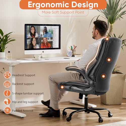 Sweetcrispy Home Office Chair, Ergonomic High Back Heavy Duty Task Chair with Flip-up Arms, PU Leather, Adjustable Swivel Rolling Chair with Wheels, Black