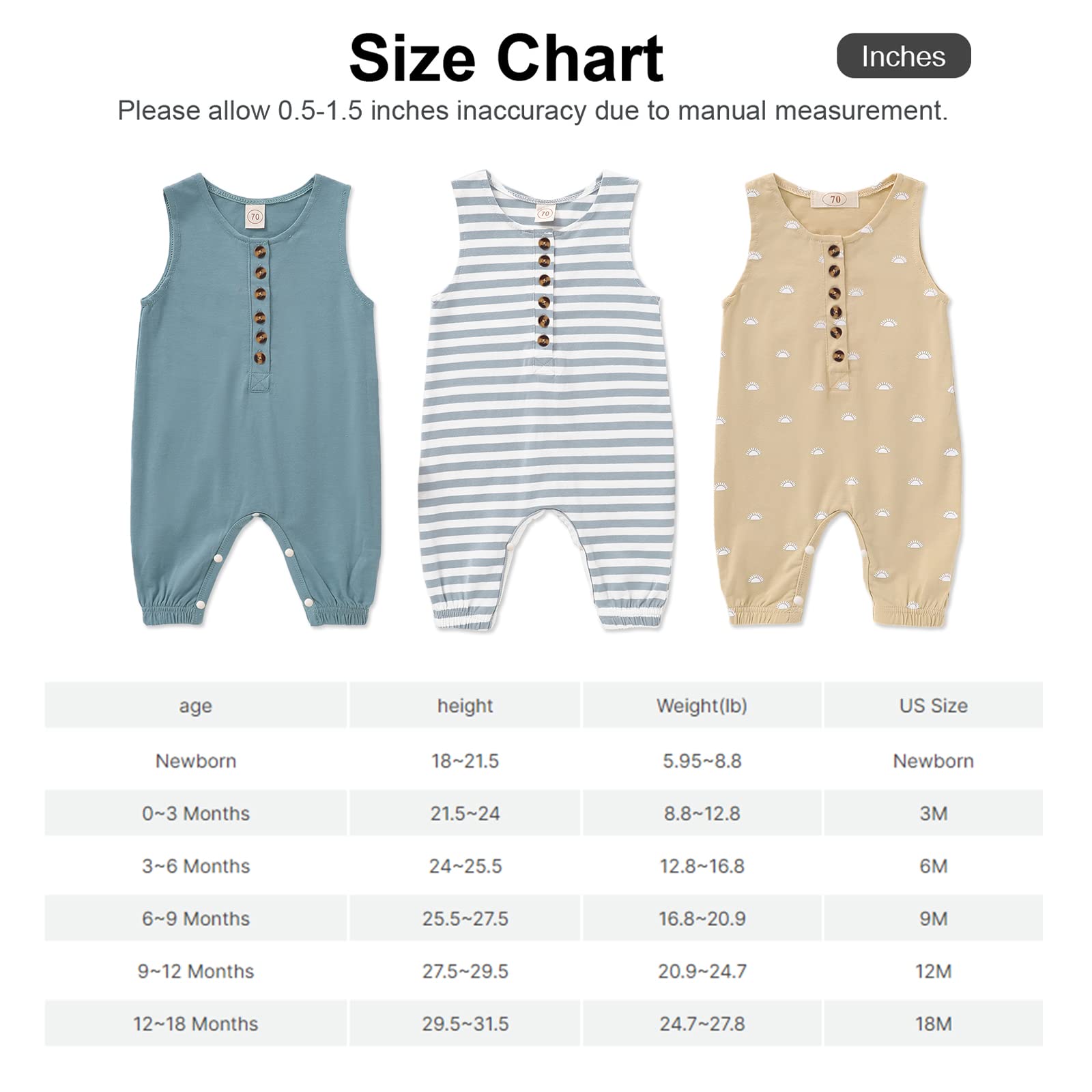 PATPAT Baby Boy Rompers Sleeveless Button Up Print Striped Solid Color Tank Jumpsuit Clothes Outfits Light Blue 6-9 Months
