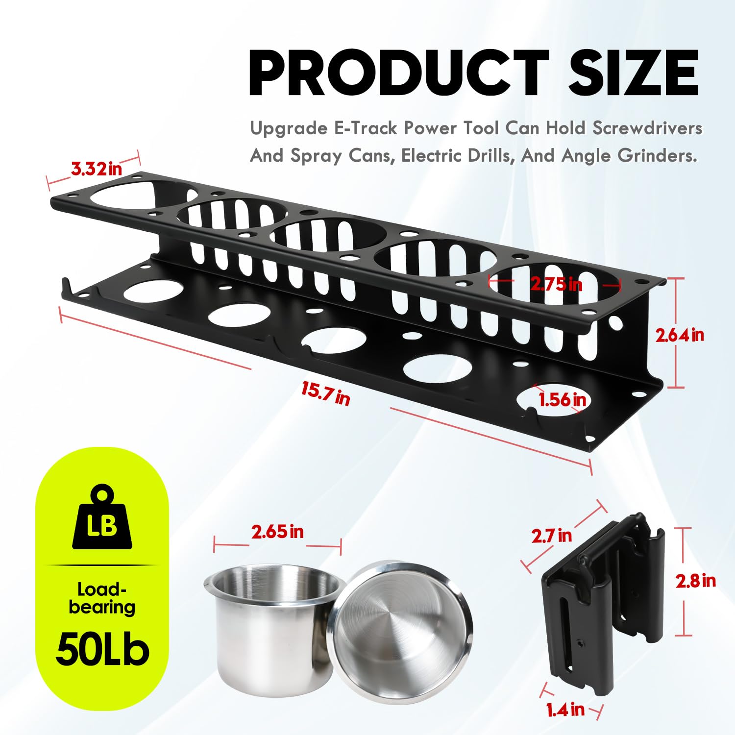 Upgrade E-Track Power Tool|Air Tool Holder Organizer Rack, Comes with 5 Heavy Duty E-Track Drill Holder or Spray Can Holder&2 Cups for Storing Parts, E-Track Accessories with Screwdriver Holder