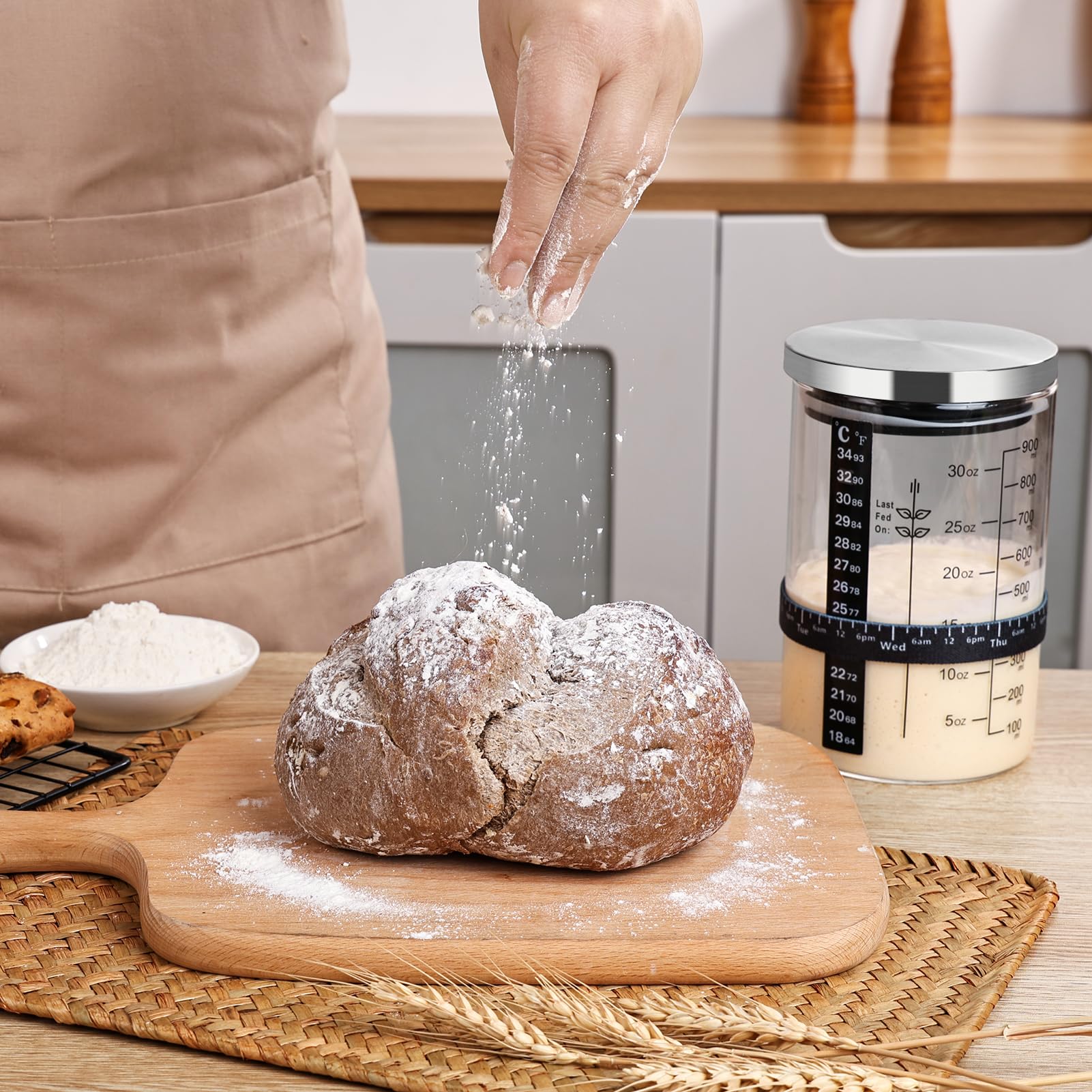 Sourdough Starter Jar 2PACK | Wide Mouth 35oz with Ounce&ML Scale line,Date Marked Feeding Band,Thermometer,Sourdough Jar Scraper,Cloth Cover & Stainless Steel Lid,Measuring Spoons,Complete Kit