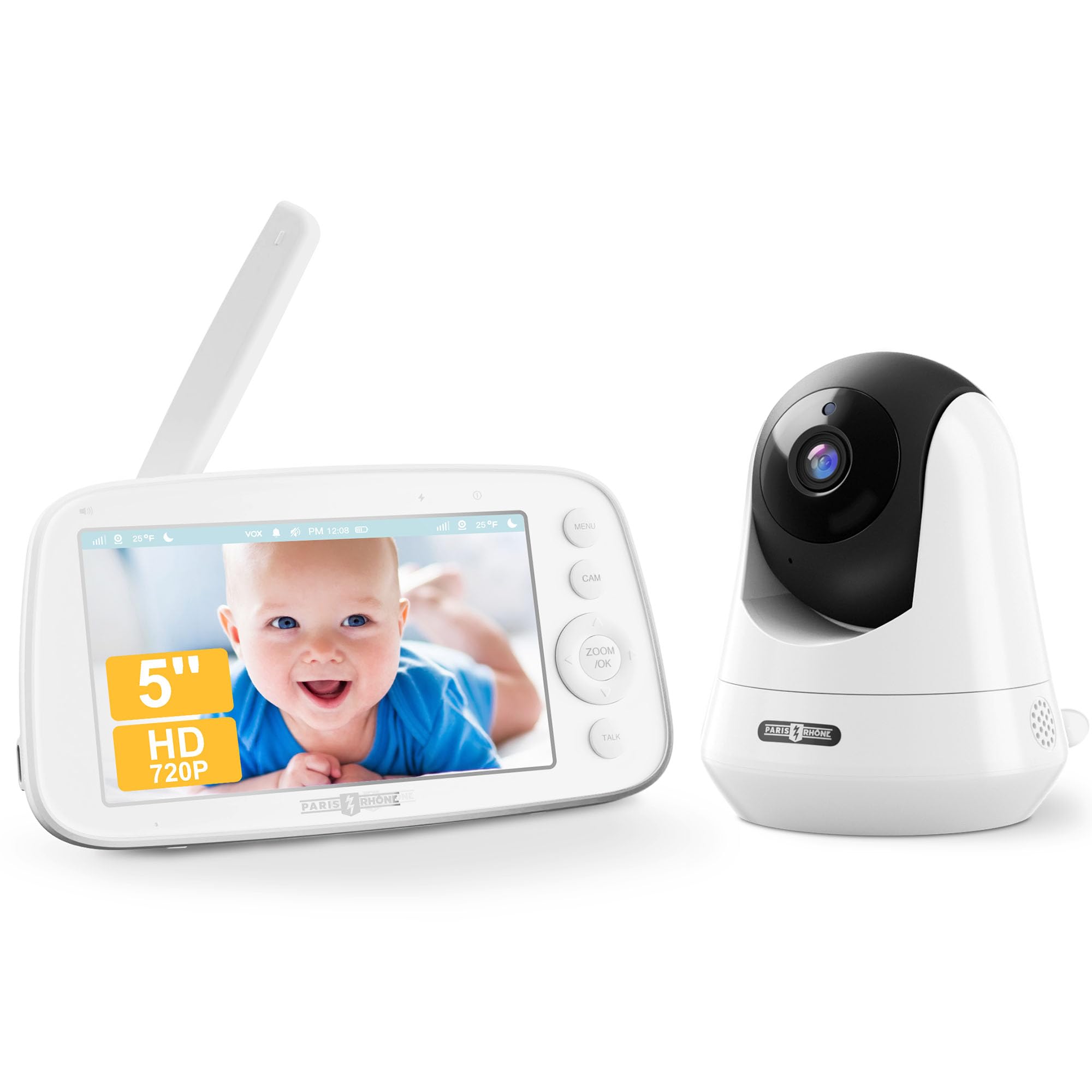 PARIS RHÔNE Video Baby Monitor, 5" 720P HD Baby Monitor with Camera and Audio, No WiFi, 2 Way Audio, VOX Mode, Infrared Night Vision, Feeding Reminder, Wide-Angle View Temperature Sensor Lullabies