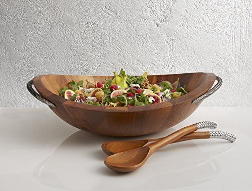 Nambe Braid Salad Bowl with Servers | 3-Piece Set | Large Wooden Serving Bowl for Caesar Salad, Large Salads | Big Salad Bowl with Serving Utensils | Made of Chrome & Acacia Wood (20” L x 16” W)