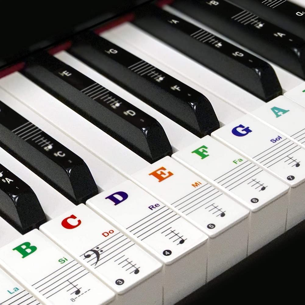 Piano Keyboard Stickers，Colorful & Black for 88 61 54 49 Key Full Set Removable and Transparent Large Bold Letter Keyboard Sticker Notes Label for Piano Beginners