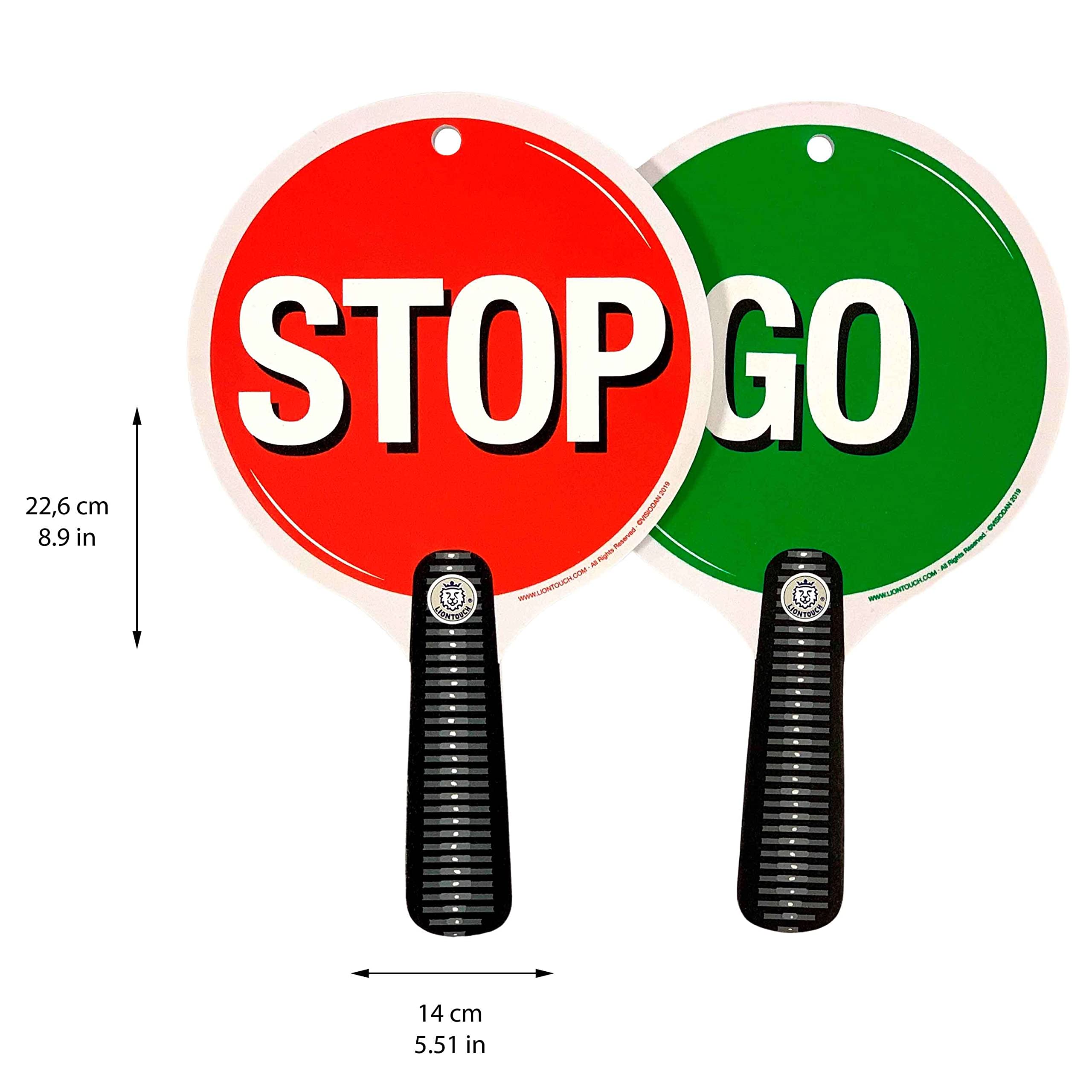 Liontouch Double Sided Stop & Go Sign, Red & Green โ 8.9 x 5.5 inches | Durable and Reversible Lollipop-Shaped Foam Toy Paddle for Kids | Ideal for Teaching Children Traffic & Street Safety