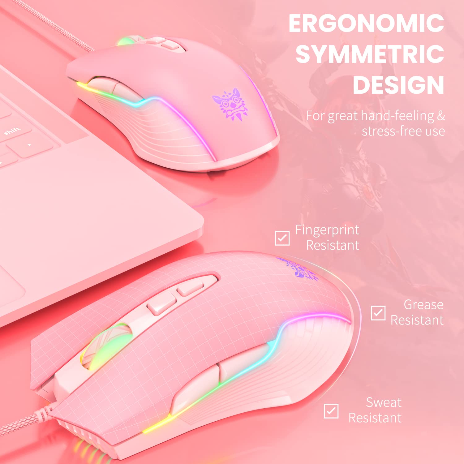 NEWSTYP Cute RGB 6400 DPI Wired Gaming Mouse Breathing LED Optical USB 7 Buttons Gamer Computer Pink Mice for Laptop PC Desktop (Black)