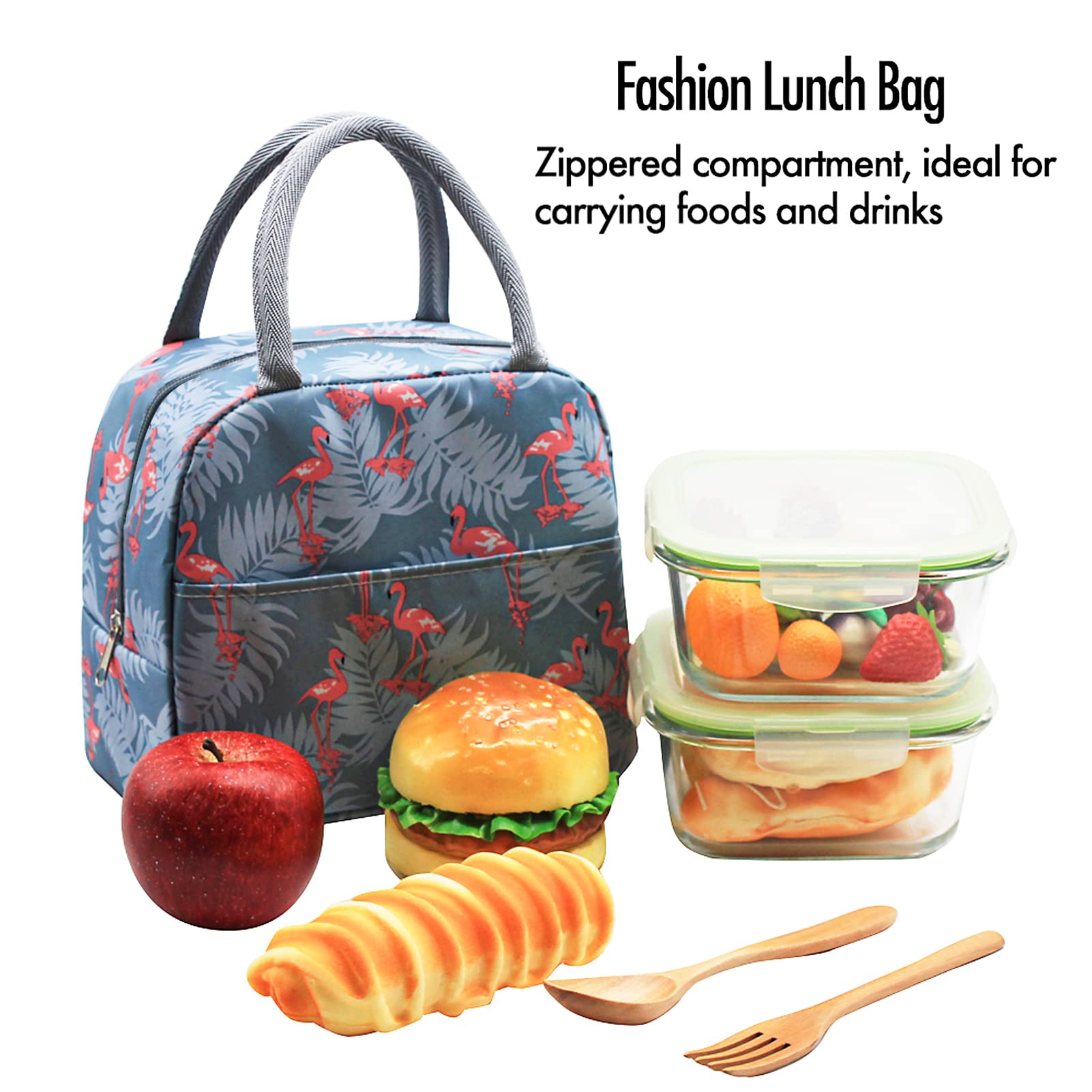 Mziart Insulated Lunch Bag for Women Men, Reusable Lunch Tote Lunch Box Organizer Cooler Bag with Front Pocket for Work Travel Picnic (Cute Flamingo)