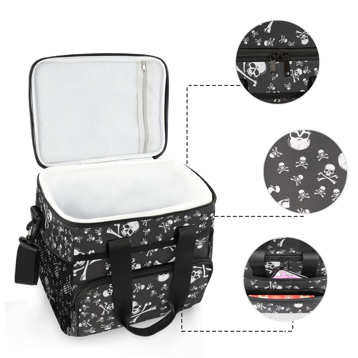 MNSRUU Cooler Bag Halloween Skull Head Jolly Roger Pirate Insulated Lunch Totes Picnic Bag Beach Cooler Lunch Box Container with Adjustable Shoulder Strap