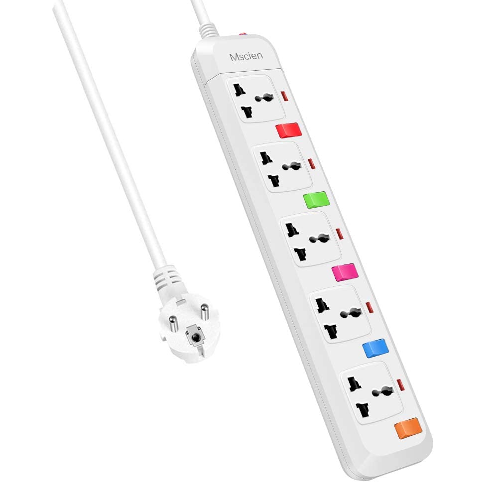 Mscien European Travel Plug Adapter Individual Switched, 5 Way Universal Power Strip with 1.8M Extension Cord